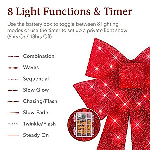 Best Choice Products Set of 3 Bows Pre-Lit Christmas Bow Decoration, Indoor/Outdoor LED Holiday Décor w/ 30 Lights, Outdoor Battery Box, Timer, 8 Light Functions - Red