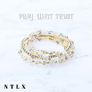 Inspirational Message Multi Strand Beaded Stackable Stretch Bracelets for Women – Pray Trust Wait - Bohemian Boho Style Bracelets – Beautiful Faceted Glass Beads – Gift Box Included (PRAY TRUST WAIT)
