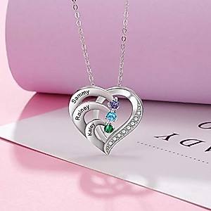 Personalized Engraved Mothers Necklace with 3 birthstones Family Jewelry Sterling Silver Custom Name Necklace Gift for her Sister Grandma Wife (Sterling-Silver)