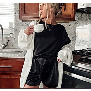 Ekouaer Satin Pajamas for Women Short Sleeve Silk Pajama Sets Soft Sleepwear Top with Causal Pj Shorts Black L