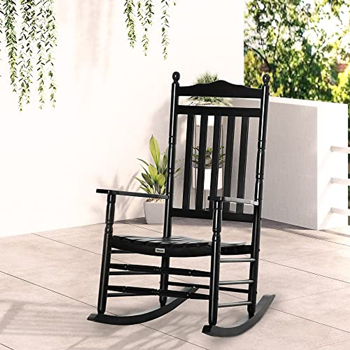 Outsunny Traditional Wooden High-Back Rocking Chair for Porch, Indoor/Outdoor, Black