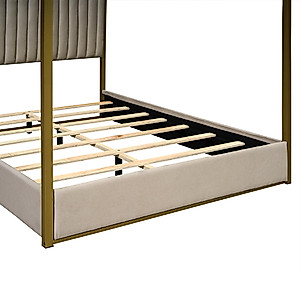XD Designs Modern 4-Poster Canopy Platform Bed Queen Size with Channel Upholstery Tufted Headboard, Gold Metal Canopied Design Platform Bed Frame with Strong Slats Support (Beige+U)