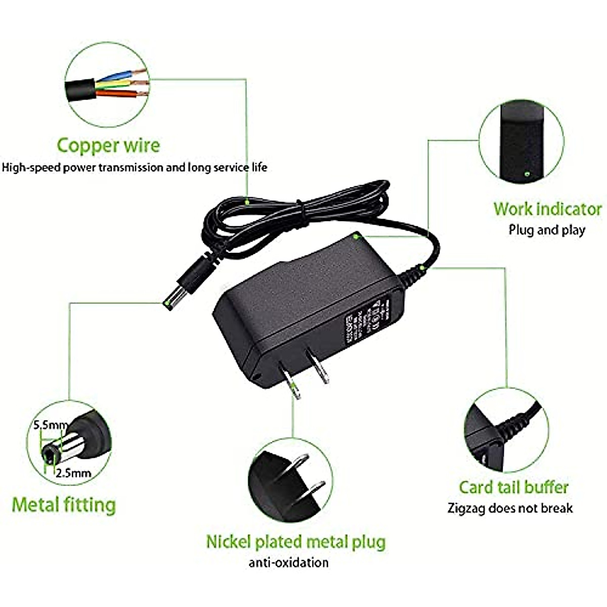 5V 2A Power Supply Adapter, 5V 2A AC DC Adapter, AC 100-240V to DC 5V, 5.5X 2.5mm DC Plug, Input 110V-240V, Output 5V 2A 10W, with DC Female Connector for Camera Route Hub CCTV, etc