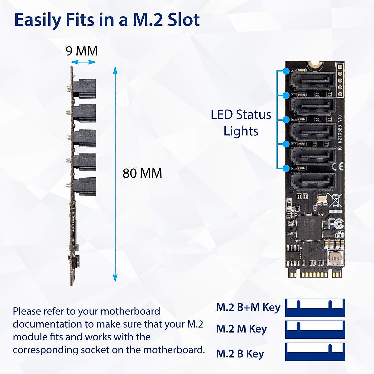 IO CREST Internal 5 Port Non-RAID SATA III 6GB/s M.2 B+M Key Adapter Card for Desktop PC Support SSD and HDD. JMB585 Chipset