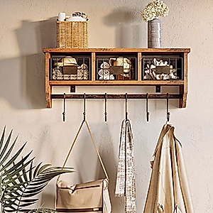 Rolanstar Wall Mounted Shelf with Hooks, Entryway Organizer Shelf with Storage Basket, Wall Mount Coat Rack with 6 Hooks, 24” Coffee Bar Hanging Shelf for Living Room,Bathroom,Kitchen,Rustic Brown