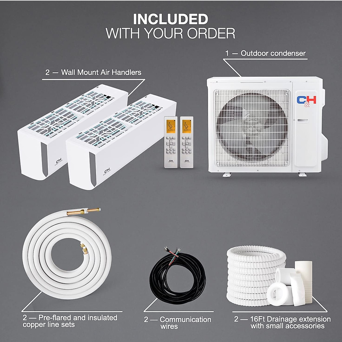 Cooper&Hunter 18,000 BTU Dual Zone 6000 + 6000 BTU Wall Mount Ductless Mini Split A/C and Heater with 16ft Installation Kits
