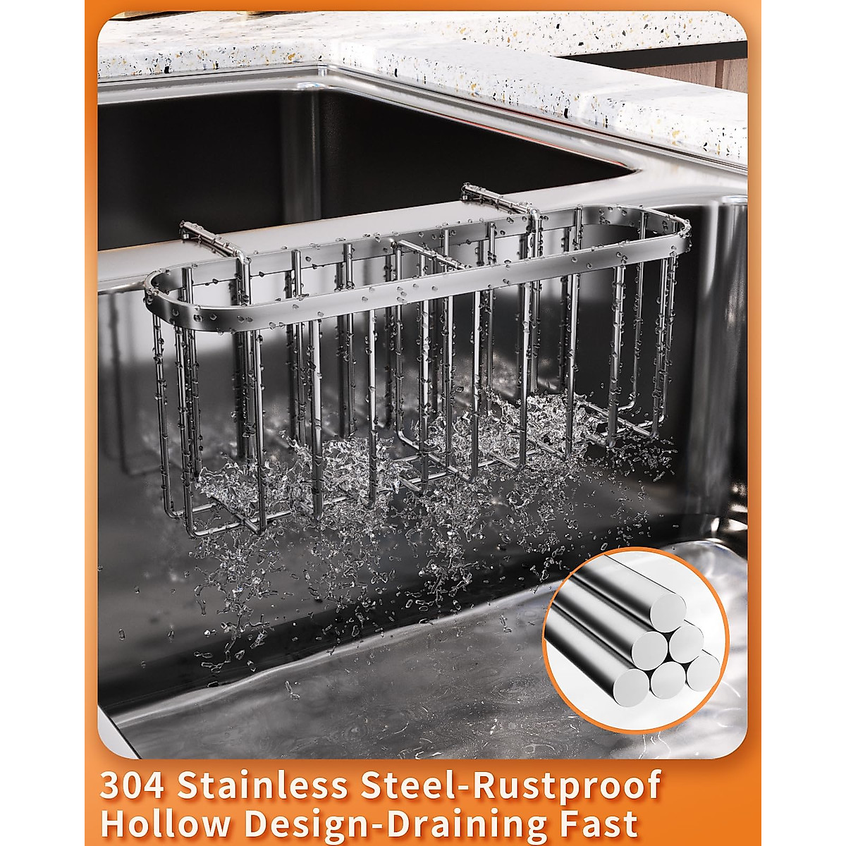 SWTYMIKI Sponge Holder for Kitchen Sink with Partition, Movable Kitchen Sink Caddy with Compact Size Rustproof and Waterproof Hanging Sink Sponge Caddy for Double Bowl Sinks, Silver