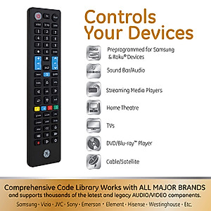 GE Samsung Replacement Remote, Universal Remote Control Compatible for Roku, Apple TV, Smart TV, Soundbar, Streaming Player, Blu Ray, DVD, DVR, 4 Device, Black, 44235