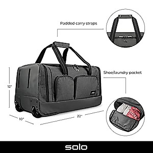 Solo New York Leroy Carry-On Wheeled Duffle Bag, 49L Capacity, Grey, 22 Inch