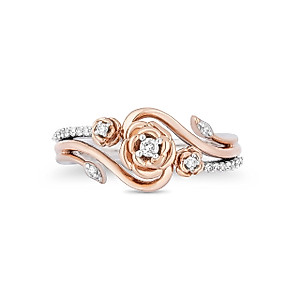 Jewelili Enchanted Disney Fine Jewelry Belle Rose Diamond Ring 1/6 CTTW in 14K Rose Gold over Sterling Silver, Size 9