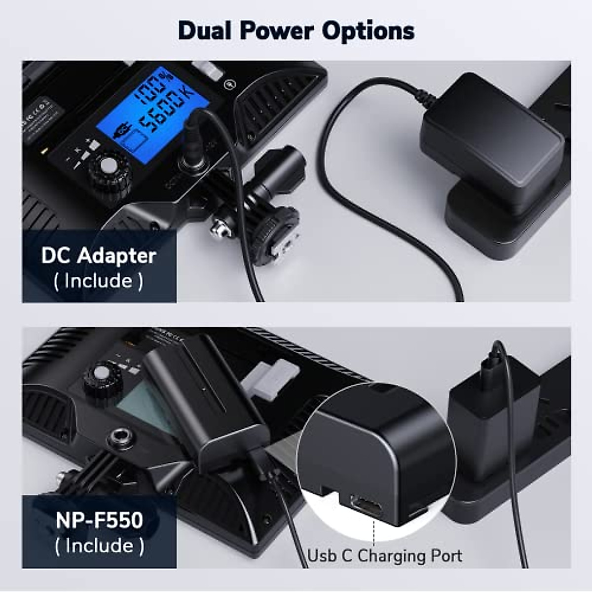 Camera Light, Dazzne D20 Video Light Panel with DC Adapter and Rechargeable Battery via USB-C Directly, Bi-Color 3200K-5600k DSLR Light for Canon/Nikon/Samsung/Olympus and Portrait Photography