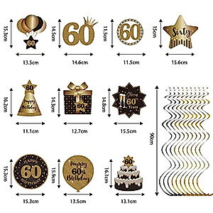 Happy 60th Birthday Party Hanging Swirls Streams Ceiling Decorations, Celebration 60 Foil Hanging Swirls with Cutouts for 60 Years Old Black and Gold Birthday Party Decorations Supplies