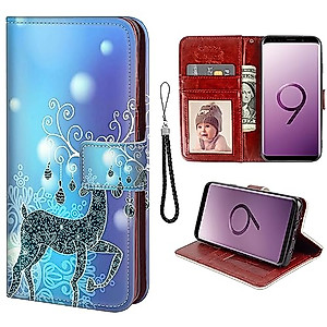 Wallet Case for Samsung Galaxy S9 Plus, PU Leather with Cash Card and Wrist Strap Christmas Deer for Cell Phone Case Fits Samsung Galaxy S9 Plus (2018) [6.2"]