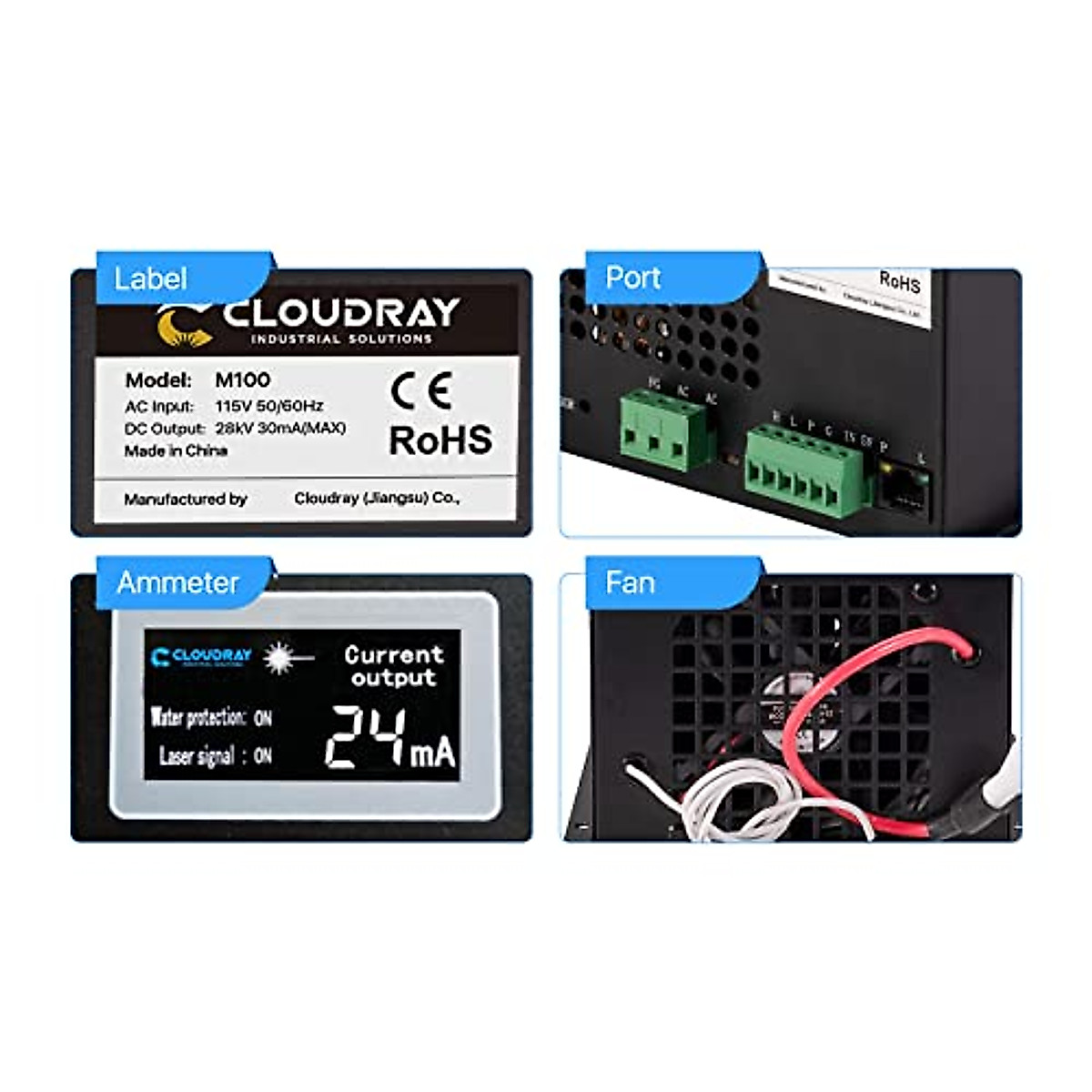 Cloudray CO2 Laser Power Supply 100W 110V for 80-100W Laser Tube Laser Engraver Cutter M100(MYJG100 Upgrade)