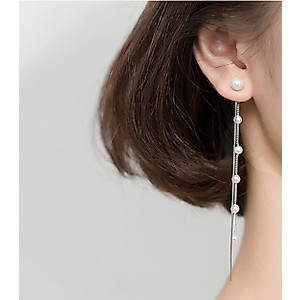 SLUYNZ 925 Sterling Silver Simulated Shell Pearl Dangle Earrings Chain for Women Elegant Long Dangle Earrings Tassel Wedding Dangle Earrings (A-Silver)