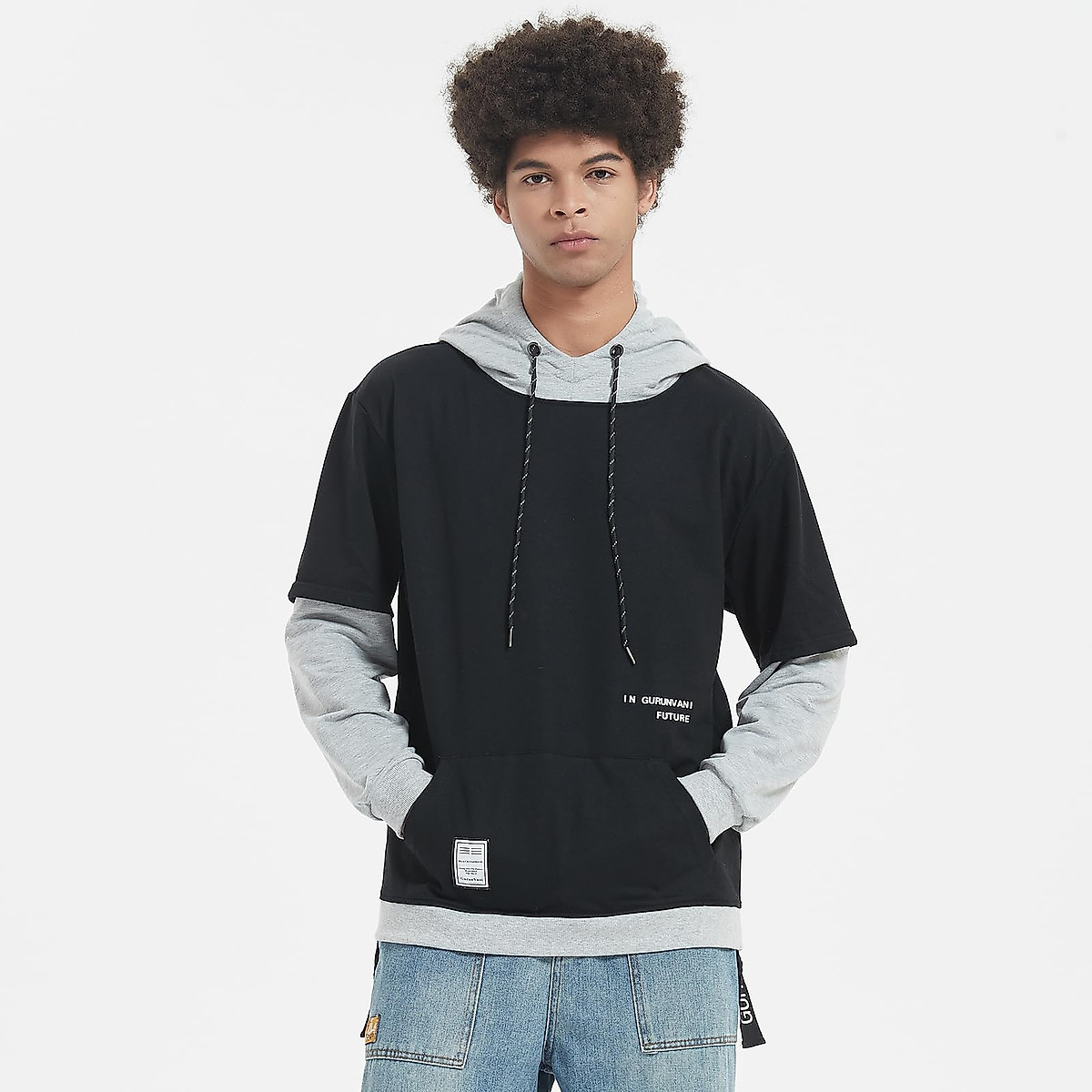 GURUNVANI Contrast Color Pullover Hoodie Mens Patchwork Hoodies Men，10W107GREY，Large