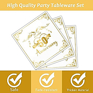 96 Pcs 50th Anniversary Tableware Set Wedding Party Supplies 50 years Anniversary Dinnerware Disposable Golden Plates Napkins Fork Fifty Anniversary Party Decorations Birthday Tableware for 24 Guests