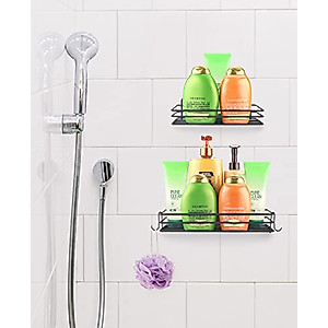 Shower Caddy Basket Shelf, Bath Accessories , Shampoo Holder Organizer No Drilling Wall Mounted Adhesive Bathroom Storage Black Stainless Steel (Black) - 2 Pack