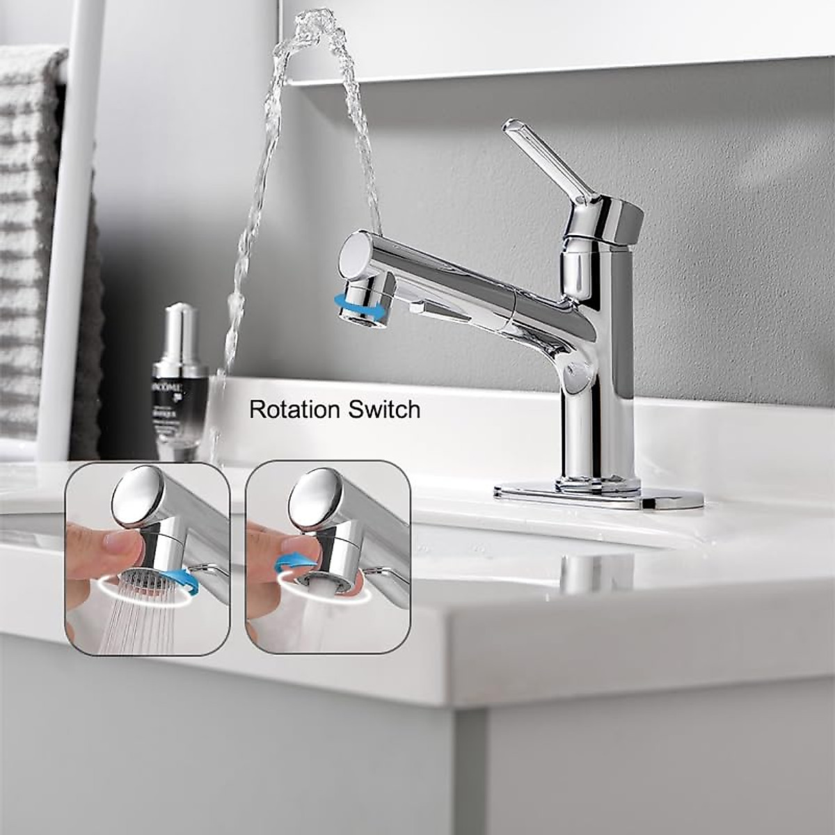 LAZ HOME Bathroom Faucet with Pull Out Sprayer Chrome Copper Single Handle Kitchen Basin Mixer Tap with Three Modes Sprayer Rotating Spout Hot and Cold Water Modern Vanity Basin Faucets with Sprayer