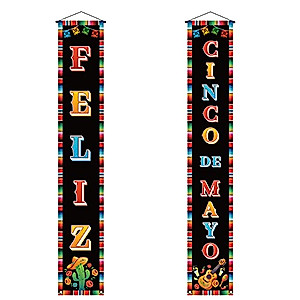 Feliz Cinco de Mayo Porch Banner Fiesta Serape Cactus Mexican Holiday Party Front Door Sign Wall Hanging Party Decoration