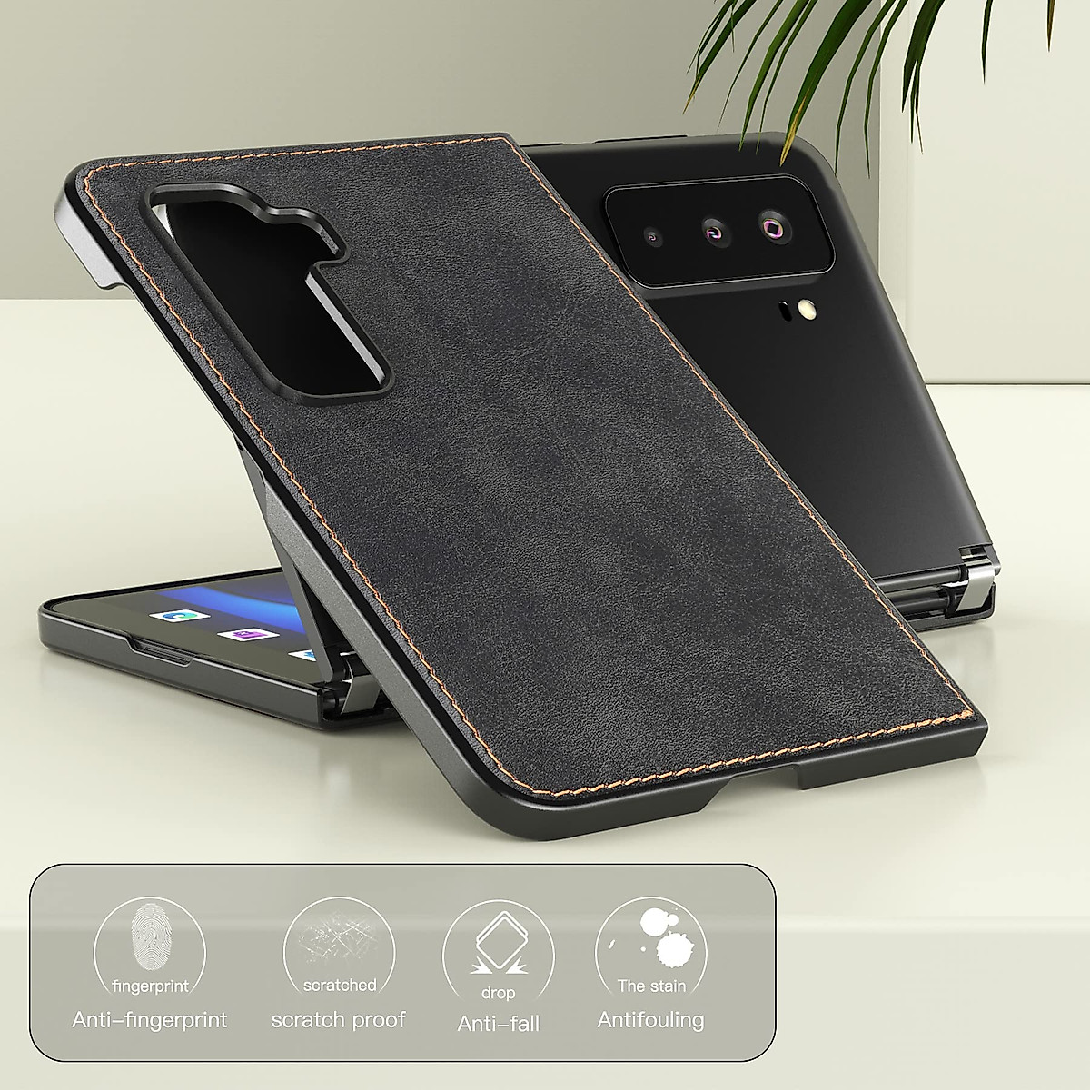 Foluu for Microsoft Surface Duo 2 Case, Surface Duo 2 Leather Case with Hand Strap, [Slim & Lightweight] PU Leather Back Cover Hard PC Holder Protective Phone Case for Microsoft Surface Duo 2 (Black)