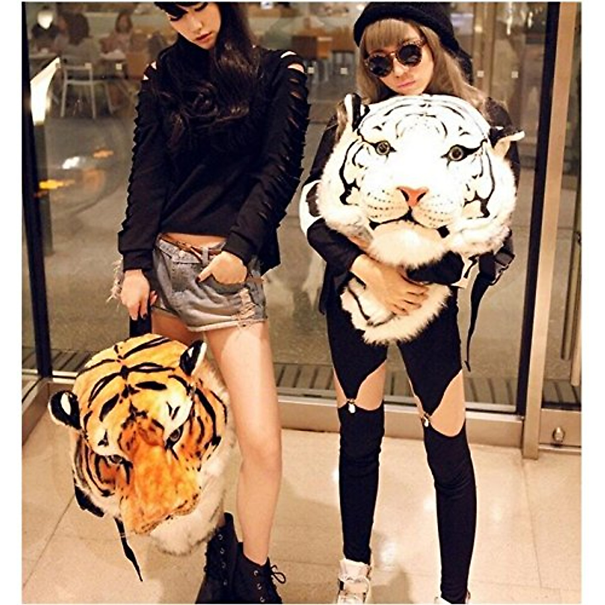 Domineering backpack stuffed tiger head 3D simulation personalised shoulder Bag Animal head shoulders bag (large, tiger yellow)