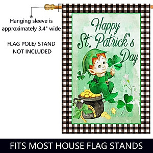 Surfapans Happy St Patricks Day House Flag 28x40 Inch Double Sided Outside Burlap Buffalo Check Plaid Green Shamrock Clover Large Yard Flag