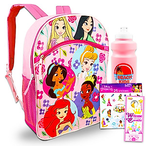 Disney Princess Backpack for Girls 4-6 - Bundle with 15” Disney Princess School Backpack, Disney Princess Drink Pouch, Stickers, More (Disney Princess Backpack Kids)