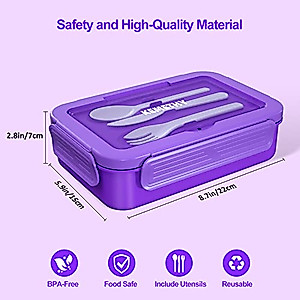 KEMETHY Bento Lunch Box for Kids, Purple, 4 Compartment Leakproof Lunch Box with Built-in Utensils, Microwave/Dishwasher/Freezer Safe, BPA-Free and Reusable