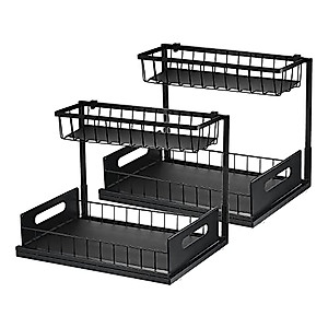 uxcell 2 Set Under Sink Organizers and Storage, 2 Tier Sliding Bathroom Cabinet Organizer Pull Out Kitchen Cabinet Organizer, Multi-Purpose Basket Organizer Drawer, White