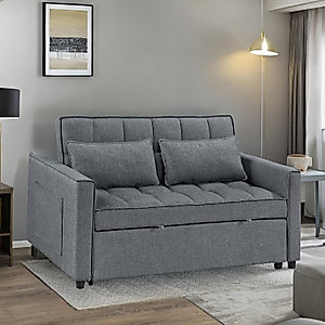 Modern Loveseat Sleeper Sofa, Fabric Upholstered Sofa Bed- 2 in 1 Pull Out Couch Bed for Living Room, Bedroom, Apartment, Office, Sofa Sleeper with Pull Out Bed, Grey