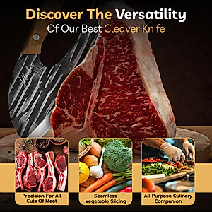 KLOOBIE Premium Hammered Stainless Steel 8.23" Meat Cleaver with Ergonomic Wooden Handle and Finger Hole for Enhanced Control – Versatile Kitchen Knife for Chopping, Slicing, & Dicing - Light Brown