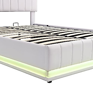 CKLMMC Modern Upholstered Platform Bed with Hydraulic Storage System,Full Size PU Storage Bed with LED Lights and USB Charger for Kids Teens Adults (White/PU-K)