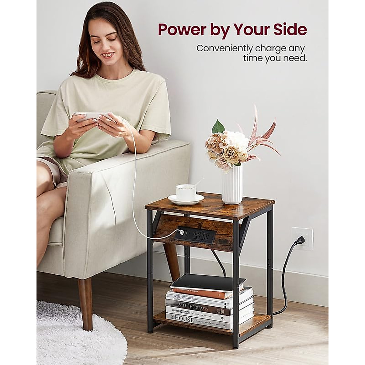 VASAGLE Side Table with Charging Station, End Table with USB Ports and Outlets, Nightstand for Living Room, Bedroom, Plug-in Series, Rustic Brown and Black ULET371B01