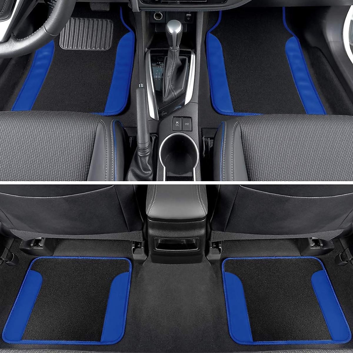 BDK Floor Mats for Cars, Two-Tone Carpet Car Floor Mats with Faux Leather Accents, Automotive Floor Mat Set with Built-In Heel Pad, Stylish Interior Car Accessories (Blue)