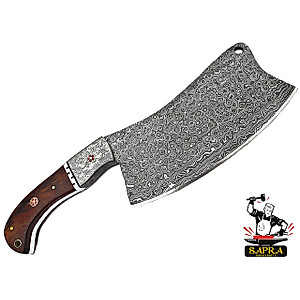 Sapra Damascus steel 10.75” Inches Meat Cleaver Chef Butcher Vegetable frozen Boning Cleaver Knife Heavy Duty Sharp Edge Full Tang Meat Cleaver Bone Copper with Genuine Leather Sheath