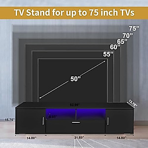 63 Inch LED TV Stand with Drawers,Modern Entertainment Center for TVs Up to 75’’,RGB Color Changing High Gloss TV Stand,Wood TV Console Cabinet for Gaming Living Room Bedroom and Office Black