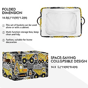 susiyo Storage Baskets for Shelves, Cartoon Construction Trucks Closet Storage Bins for Organizing Shelf Nursery Toys, Decorative Linen Fabric Bins Cubes with PU Handles 1 Pack