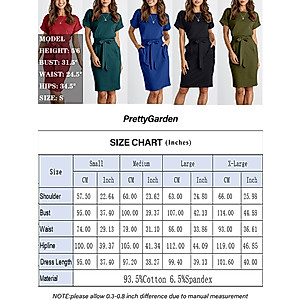 PRETTYGARDEN Women's Summer Short Sleeve Crewneck Striped Dress Basic Solid Tie Waist Office T Shirt Dresses Pockets Black Small