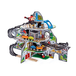 Hape Wooden Railway Mighty Mountain Mine Railway Playset| 4-Level Railway Train Track Playset with Crane and Magnetic Train Cars for Kids