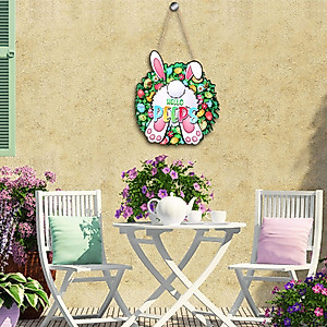 Jetec Happy Easter Wooden Hanging Sign Wreath Bunny Tail Door Sign Welcome Spring Wooden Plaque Wreath Rustic Wall Sign Yard Indoor Outdoor Garden Decoration with Rope, 10.5 x 9.5 Inch