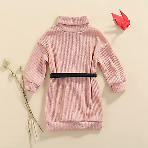 Girls Fall Dress, Kids Turtleneck Long Sleeve Knit Sweater Dress with Belt Toddler Girl Fall Outfits (Pink, 2-3 Years)