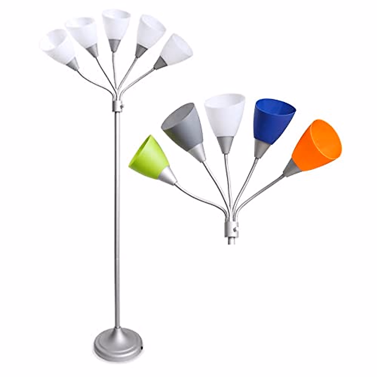 Medusa Multi Head Standing Lamp Bedroom Light with 5 Adjustable Multi-Colored Acrylic Reading Shades - 5 Light Floor Lamp Adjustable Lamp (Silver)
