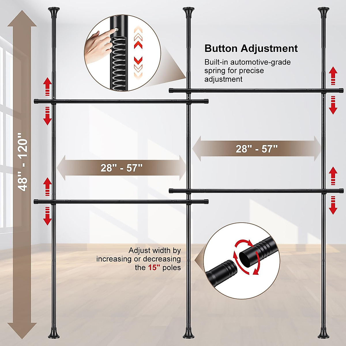 Closet Organizer Clothes Rack, Heavy Duty 4-Tier Adjustable Free Standing Laundry Drying Garment Rack, Floor to Ceiling Clothing Hanger Tension Rod Closet System Wardrobe Storage Matt Black