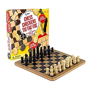 Regal Games - Reversible Wooden Board for Chess, Checkers & Tic-Tac-Toe - 24 Interlocking Wooden Checkers and 32 Standard Chess Pieces - for Age 8 to Adult for Family Fun