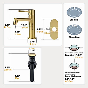 Brushed Gold Bathroom Faucet with Plastic Pop Up Drain, 6.25'' Metal Escutcheon and Supply Lines, Single Handle Stainless Basin Mixer Tap, Modern Bathroom Sink Faucet for 1 or 3 Hole Vanity Sink