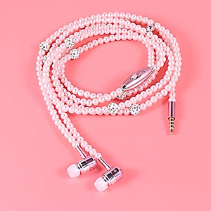 UKCOCO in-Ear Eardphones with Mic - in-Ear Headset with Remote and Mic Hands-Free Wired Pearls Chain Universal Earphone for Girls Women Student (Pink)