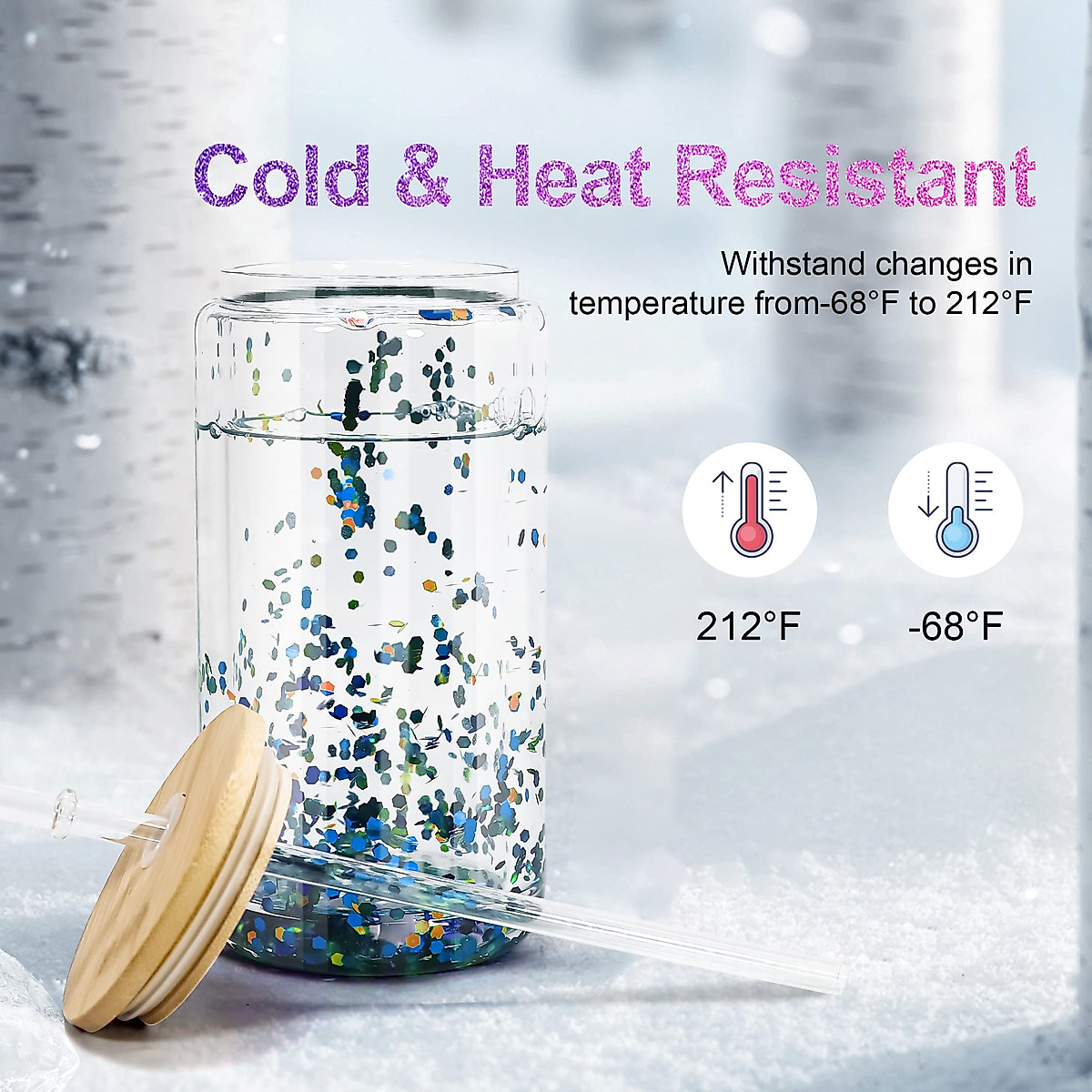 AGH Sublimation Snow Globe Glass Can Blanks 16 oz 6 Pack Sublimation Double Wall Glass Tumbler with Bamboo Lids and Straws Pre-drilled Cups for Snow Globe glitter Clear