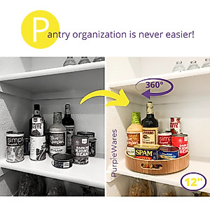 PurpleWares 12-inch Wood Lazy Susan – 360 Degree Rotating Natural Wooden Round Turntable Storage Serving Tray with Cut-out Handles for Kitchen, Pantry, Cabinet and Makeup Organization
