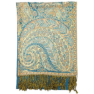 Achillea Luxurious Double Layered Jacquard Big Paisley Pashmina Shawl Wrap Scarf (Turquoise)